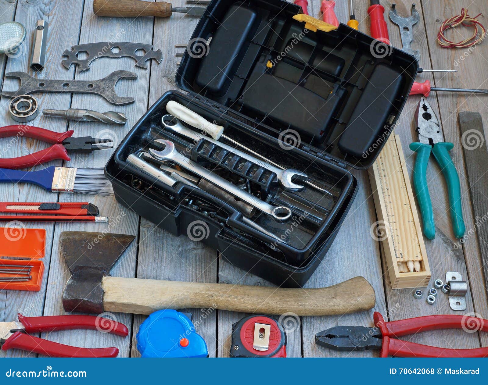Set of Tools on the Floor, Top View. Stock Photo - Image of tape, drill ...