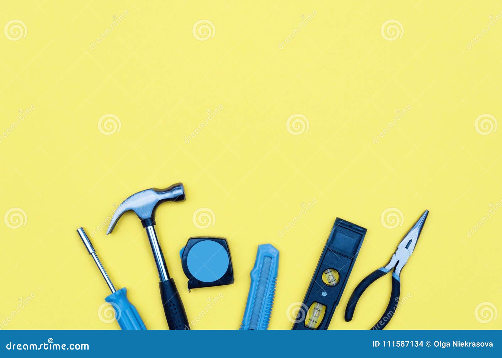 Set of Tools. Home Improvement Concept on Yellow Background Stock Photo ...