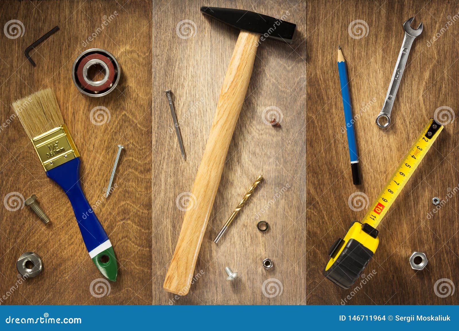 Set of Tools and Instruments on Wood Stock Photo - Image of bearings ...