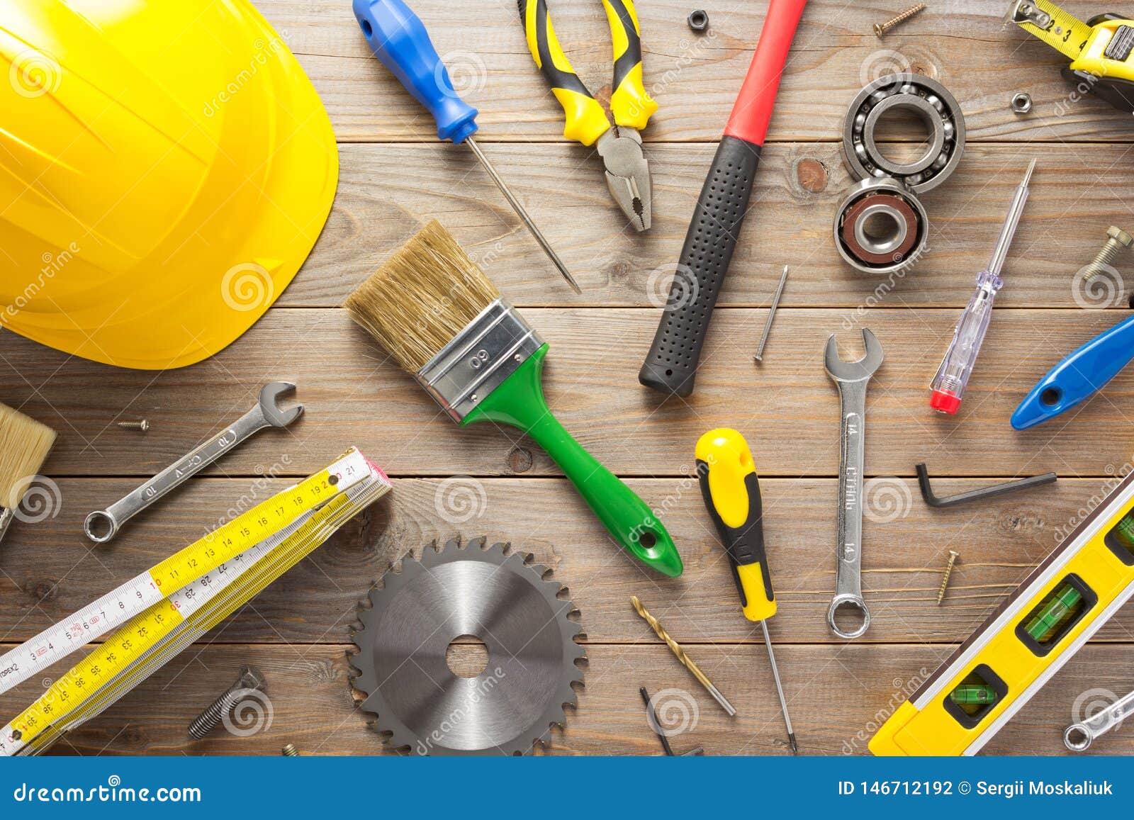 Set of Tools and Instruments at Wooden Background Stock Photo - Image ...