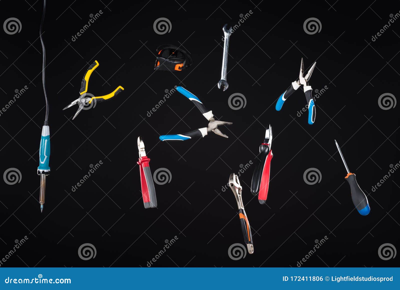 Set of Tools Levitating in Air Isolated on Black Stock Photo - Image of ...