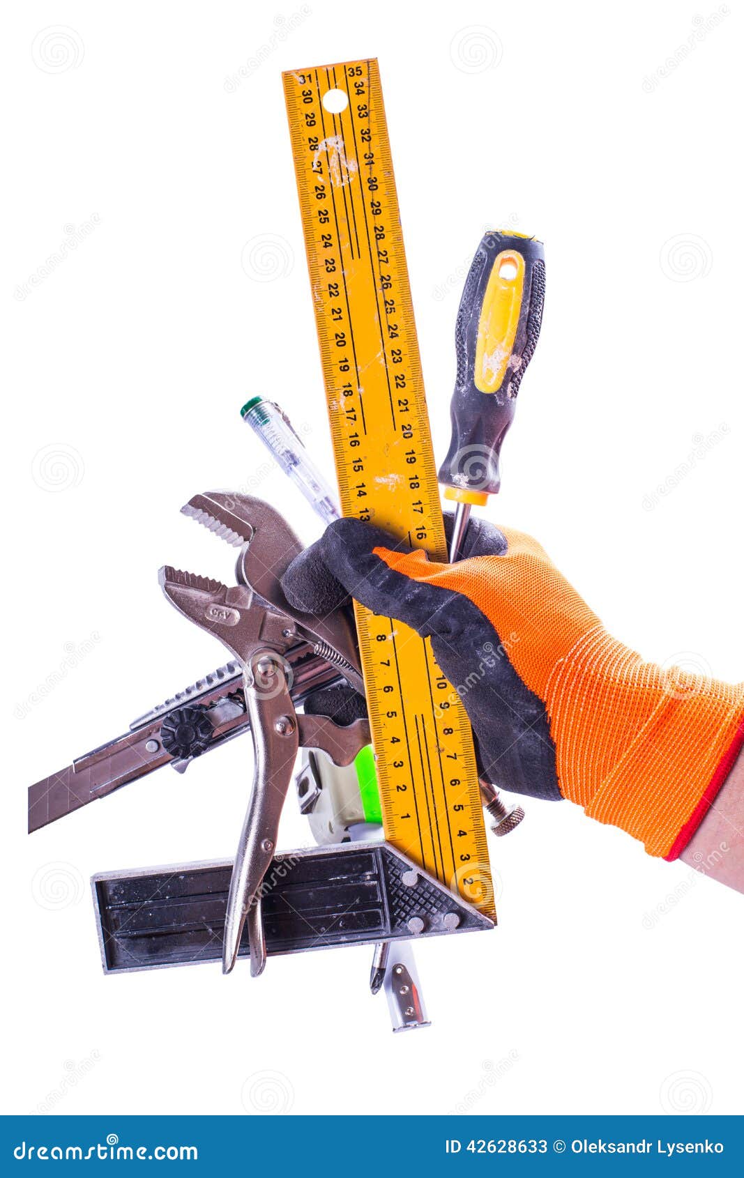 Set of tools in male hand stock image. Image of tapemeasure - 42628633