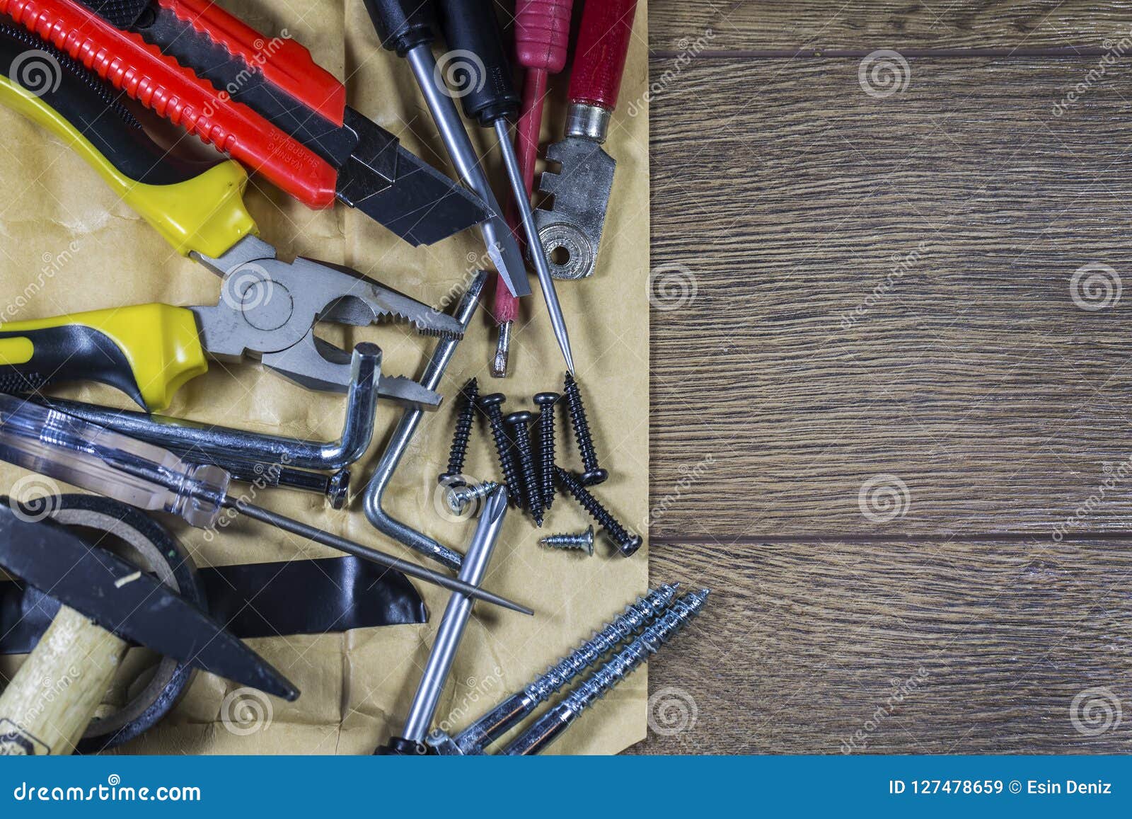 Set of Tools, Many Tools Isolated on Wooden Background Stock Image ...