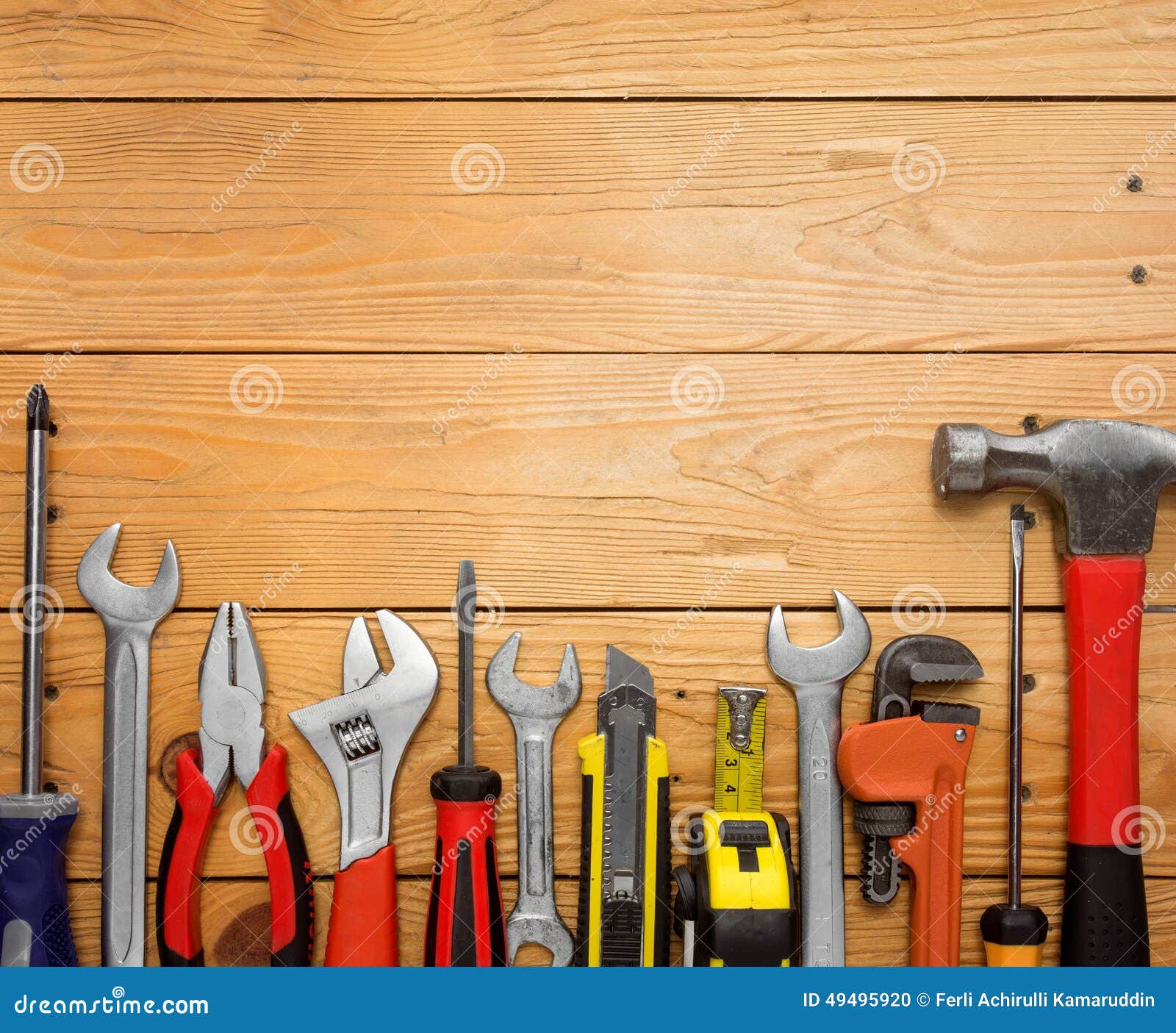 Set of Tools Over a Wood Panel Stock Photo - Image of copy ...