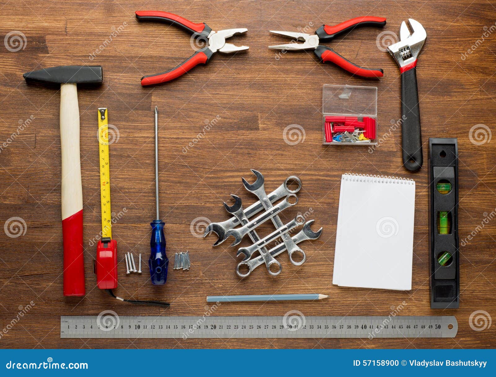 Set of Tools Over a Wood Panel with Space for Text Stock Photo - Image ...