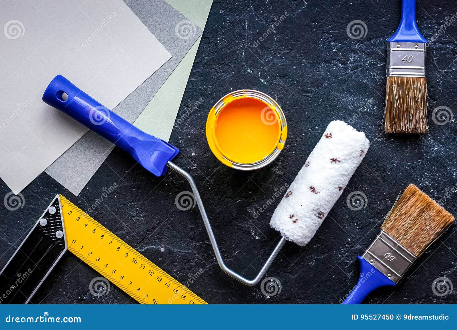Set of Tools for Painting on Black Stone Table Background Top View ...