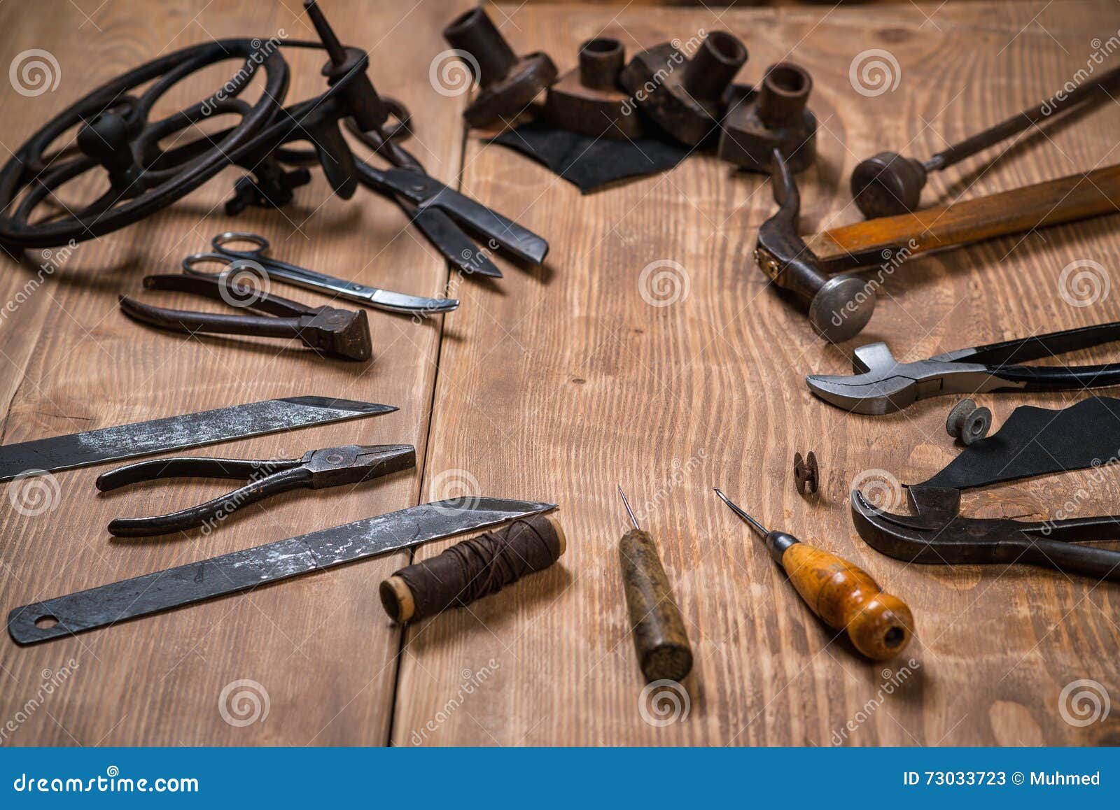 Set of Tools for Shoemaker on Wooden Background. Copy Space. Stock ...