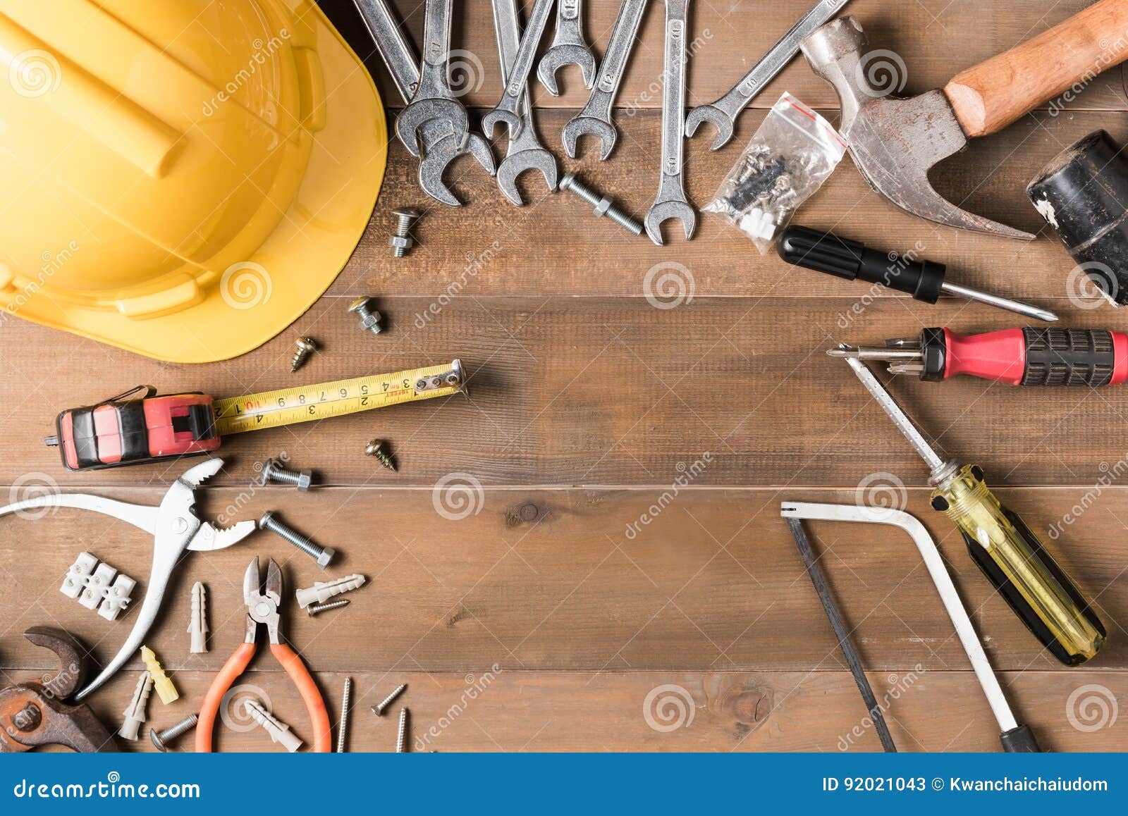 Set of Tools Supplies on Wood Background Stock Image - Image of ...
