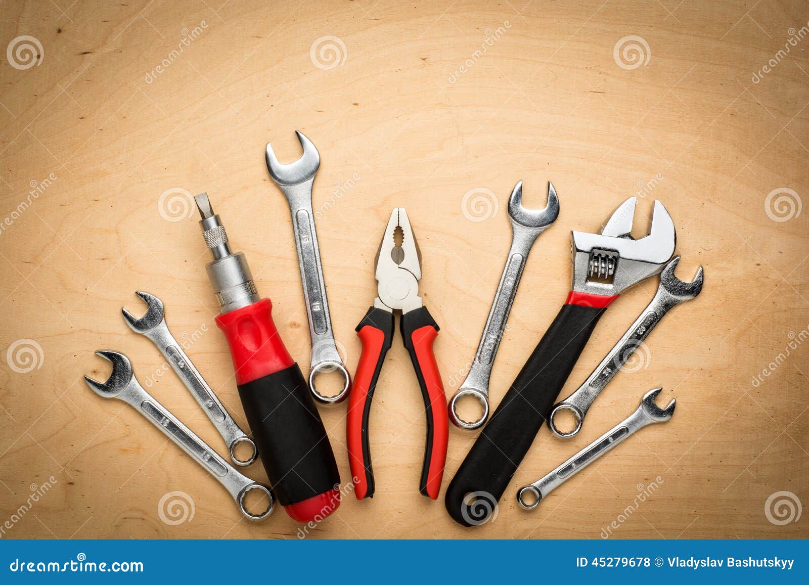 Set of Tools on a Wood Panel Stock Photo - Image of construction ...