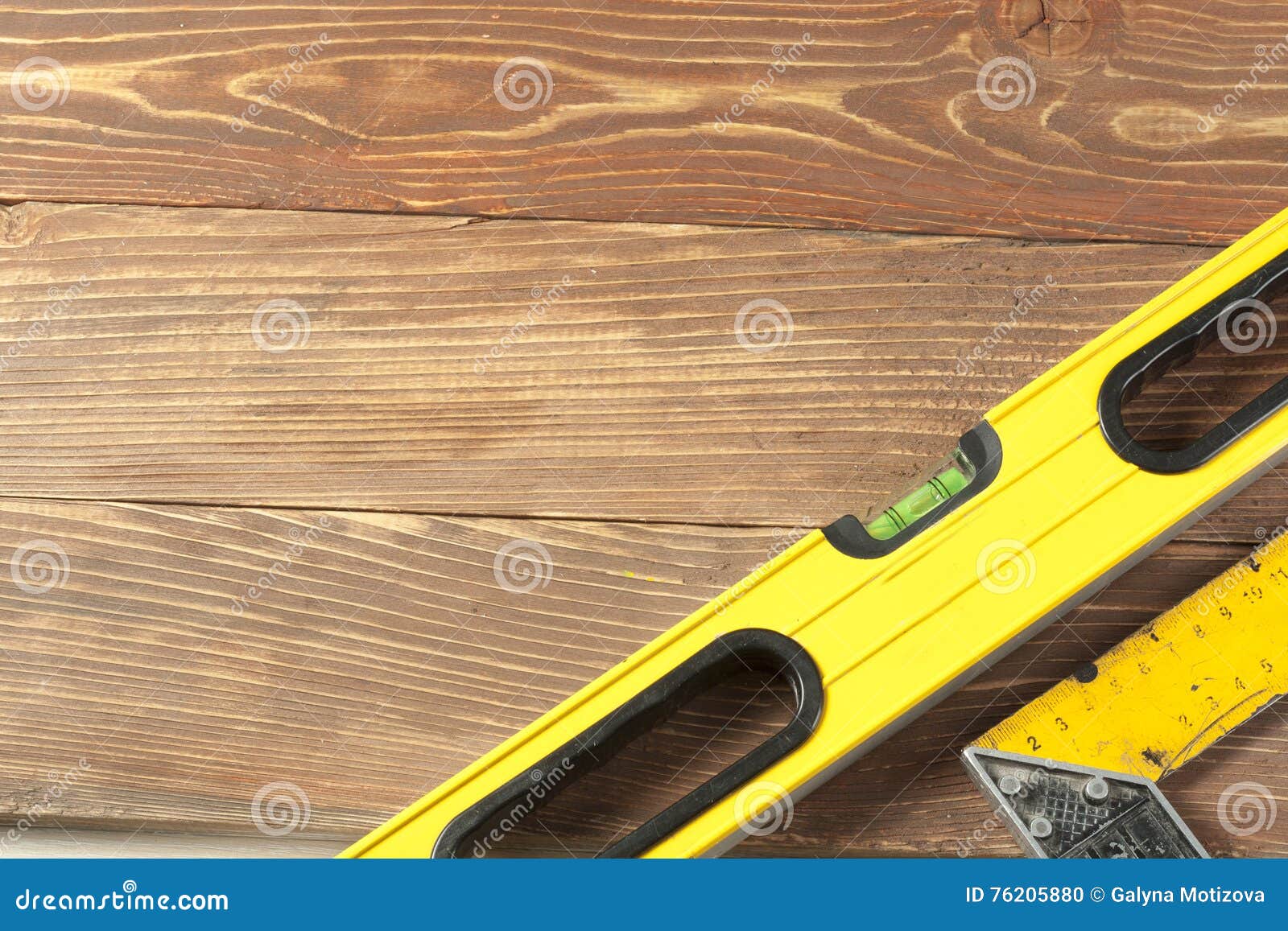 Set of Tools at Wooden Table. Meter Measuring Line Construction Level ...