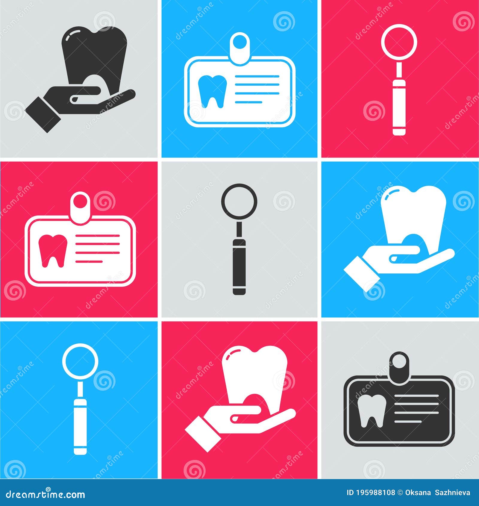 Set Tooth, Id Card with Tooth and Dental Inspection Mirror Icon. Vector ...