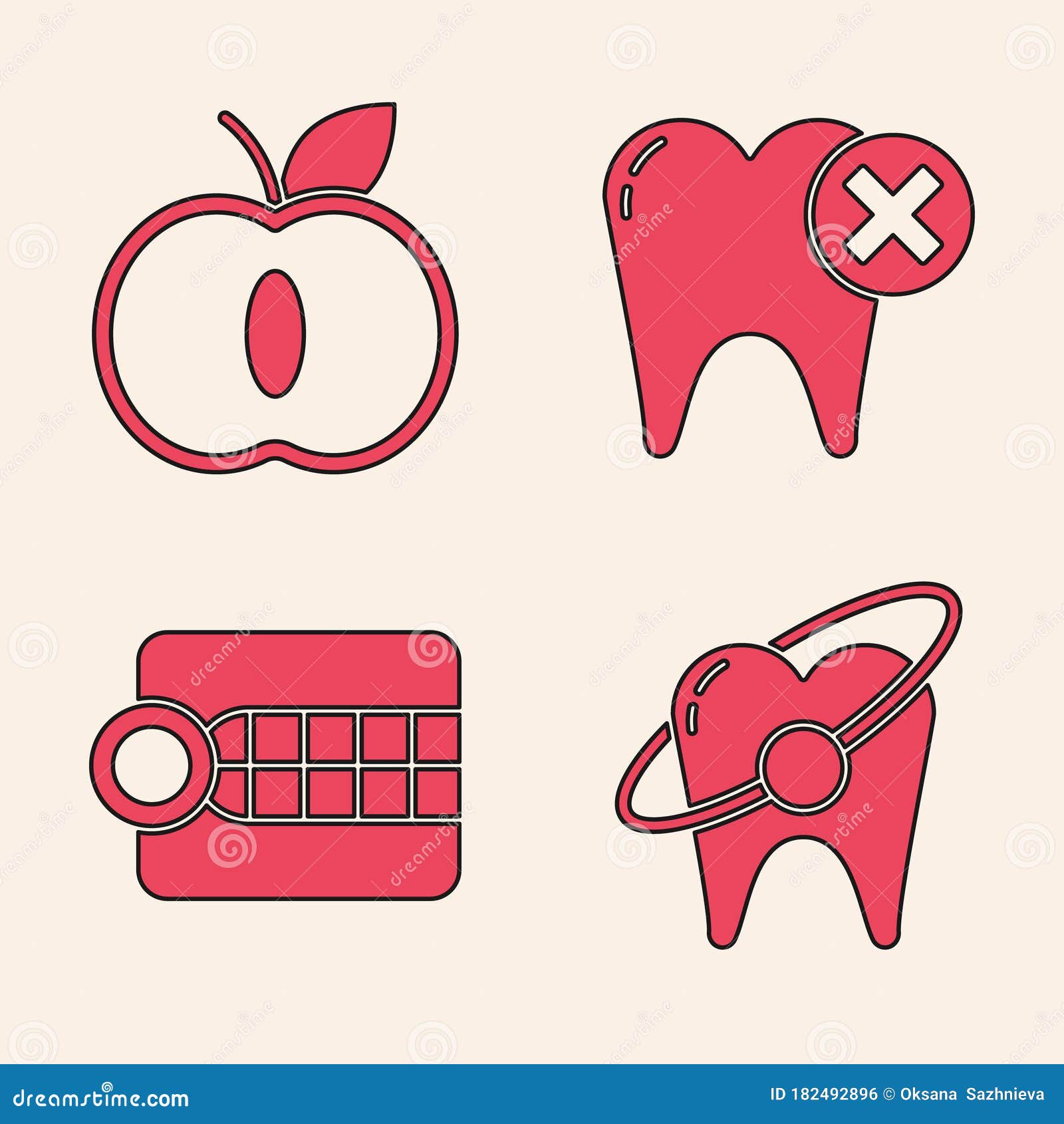 Set Tooth Whitening Concept, Apple, Tooth with Caries and Dentures ...