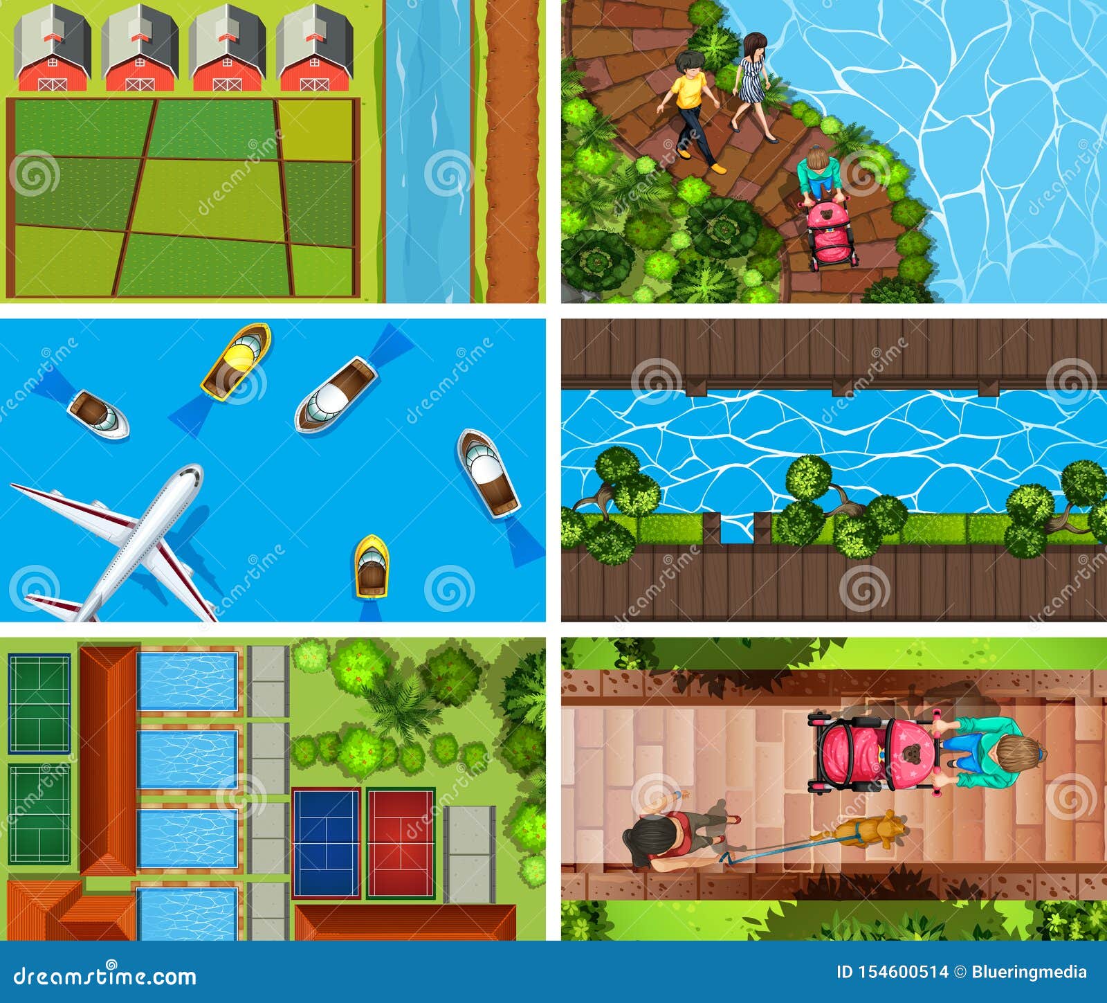 Set of Top View Aerial Scenes in Nature and Outdoors Stock Vector ...