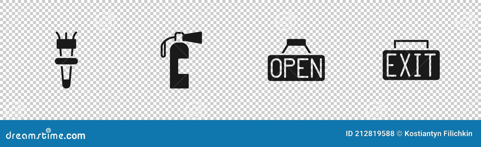 Set Torch Flame, Fire Extinguisher, Hanging Sign with Open and Exit ...