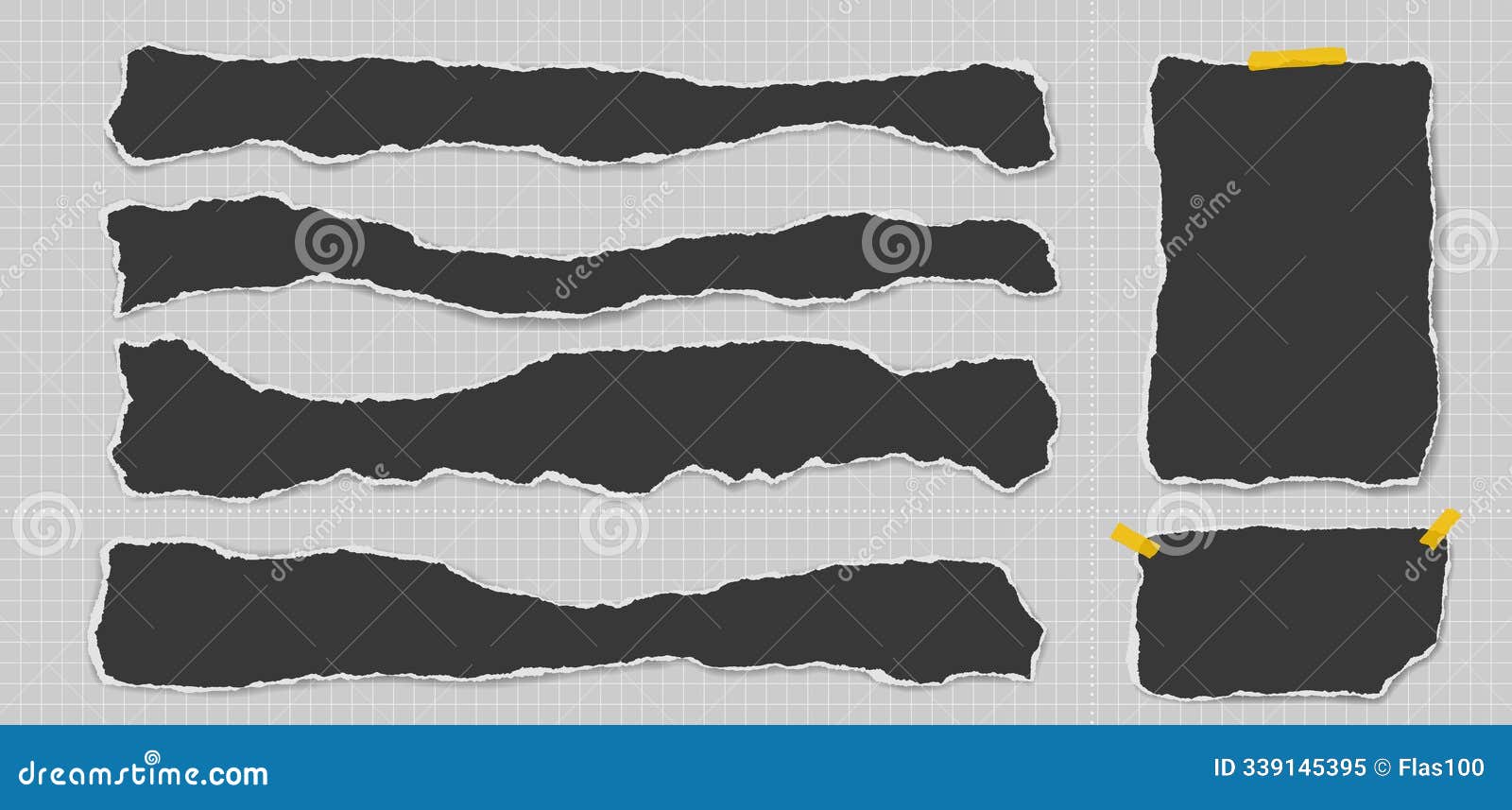 Set of Torn Black Note Paper, Pieces with Sticky Tape are on Grey ...