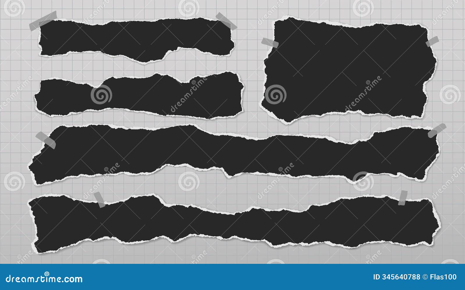 Set of Torn Black Note Paper Pieces with Sticky Tape are on Squared ...