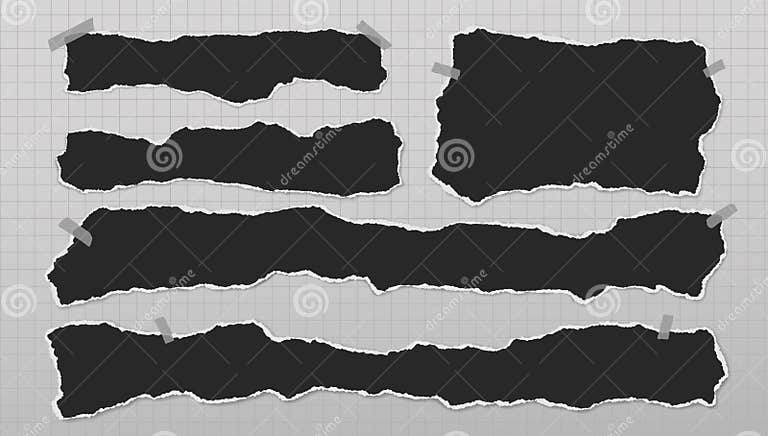 Set of Torn Black Note Paper Pieces with Sticky Tape are on Squared ...