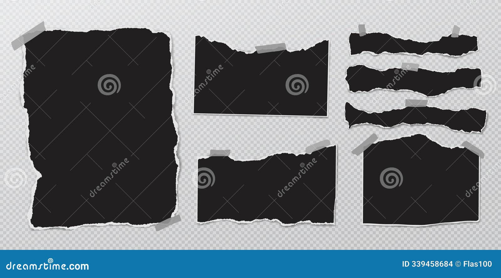 Set of Torn Black Note Paper Pieces with Sticky Tape are on Transparent ...