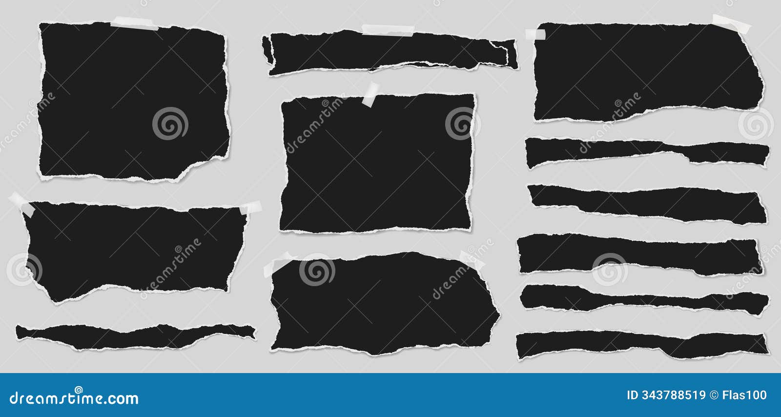 Set of Torn Black Note Paper Pieces with Sticky Tape are on Transparent ...