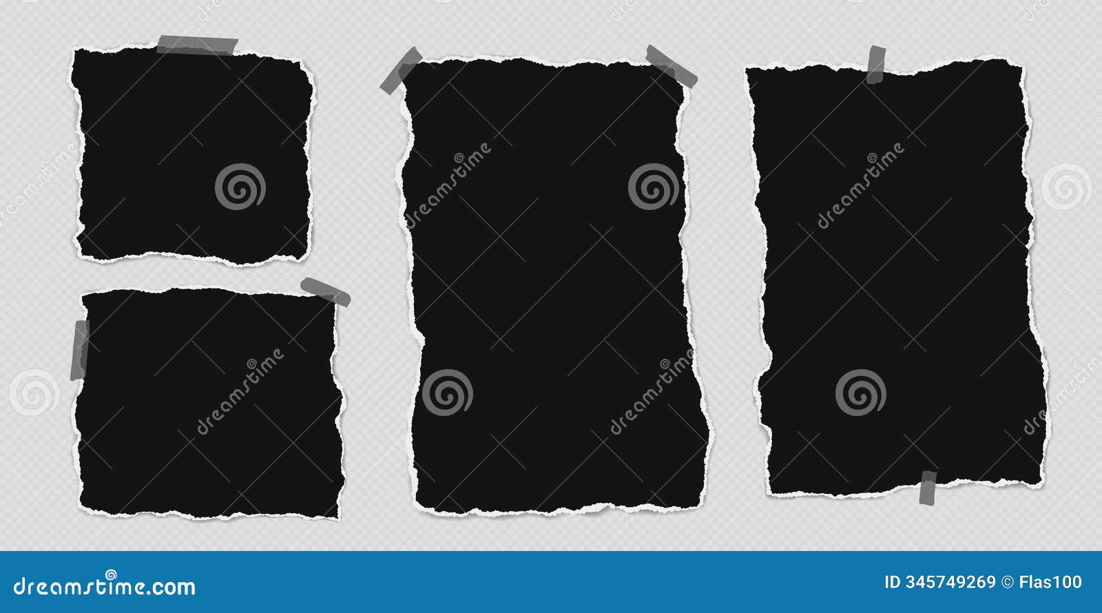Set of Torn Black Note Paper Pieces with Sticky Tape are on Transparent ...