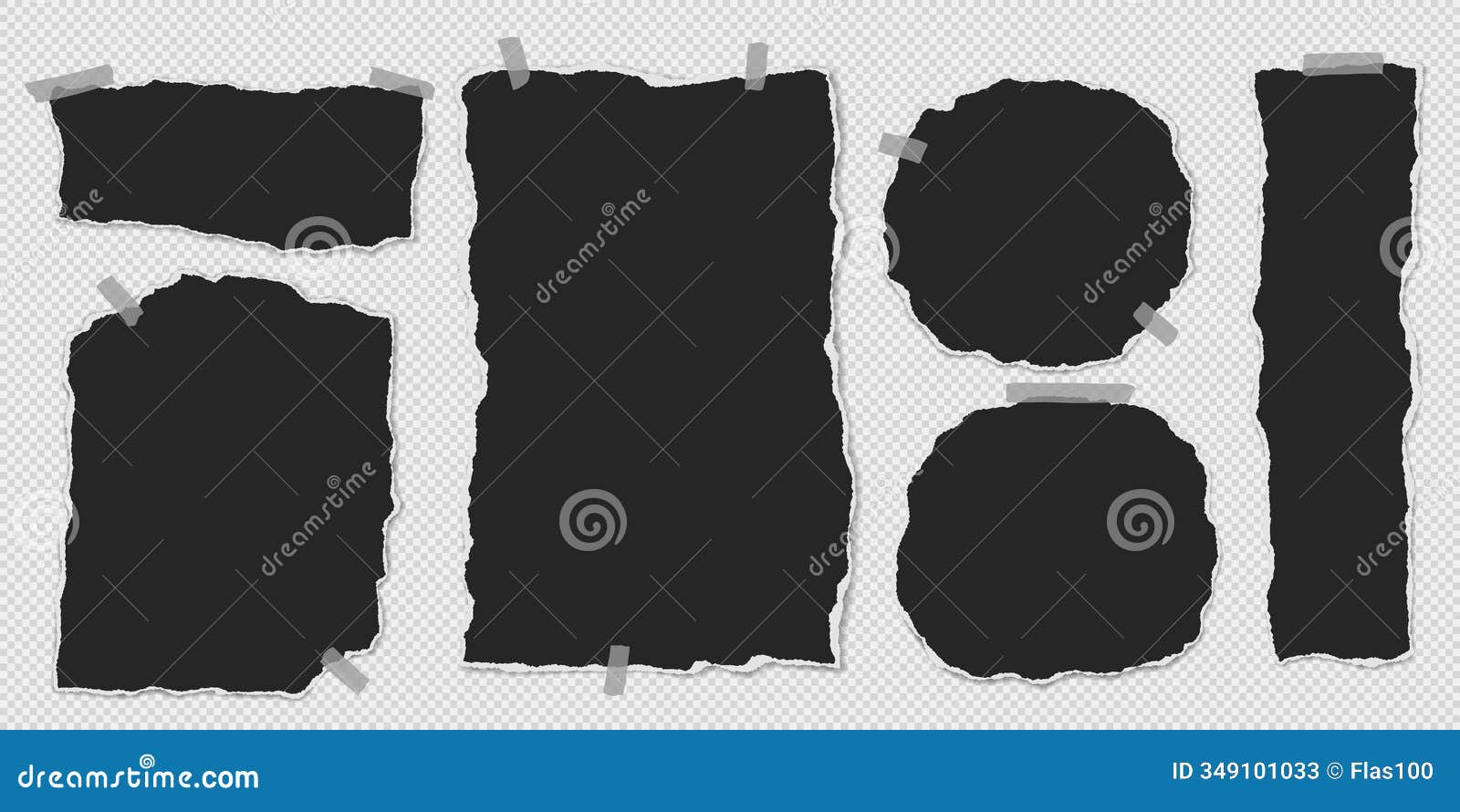 Set Of Torn Black Note Paper Pieces With Sticky Tape Are On Transparent ...