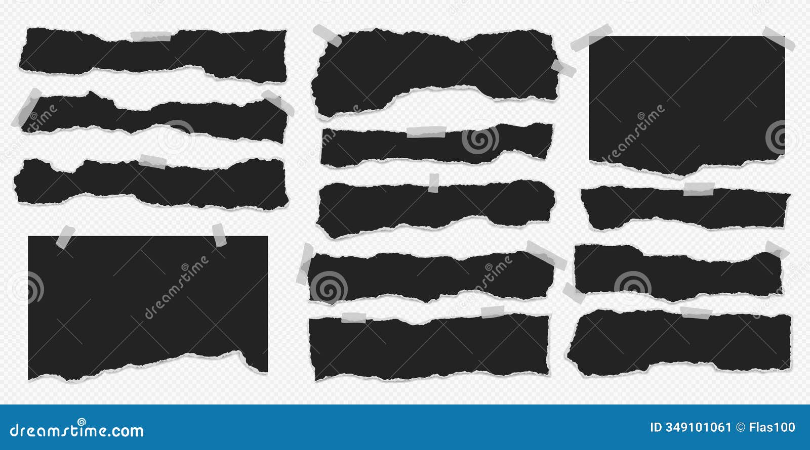 Set Of Torn Black Note Paper Pieces With Sticky Tape Are On Transparent ...