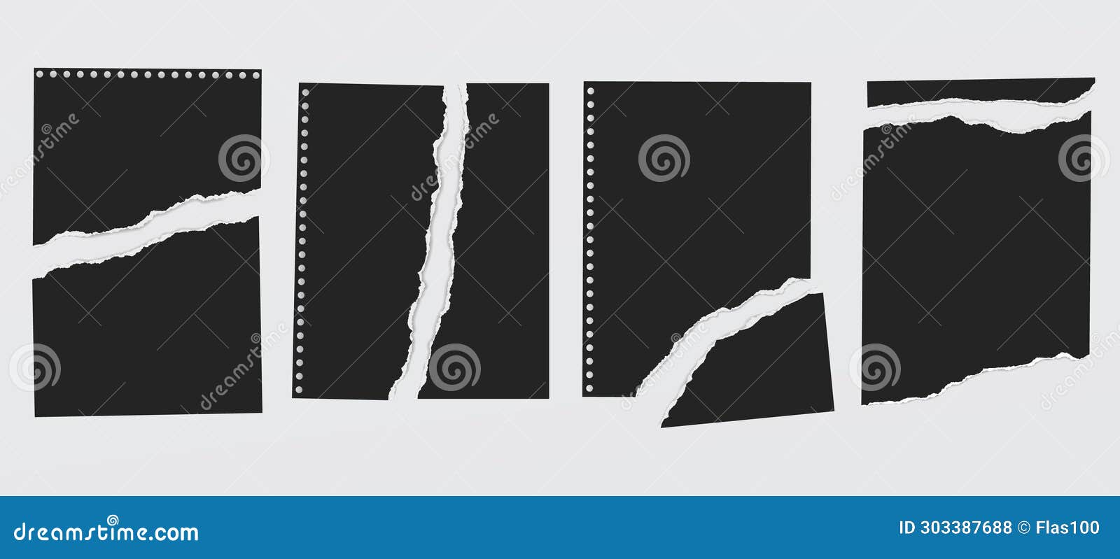 Set of Torn Black Notebook Paper Pieces, Sheets Stuck on Light Grey ...