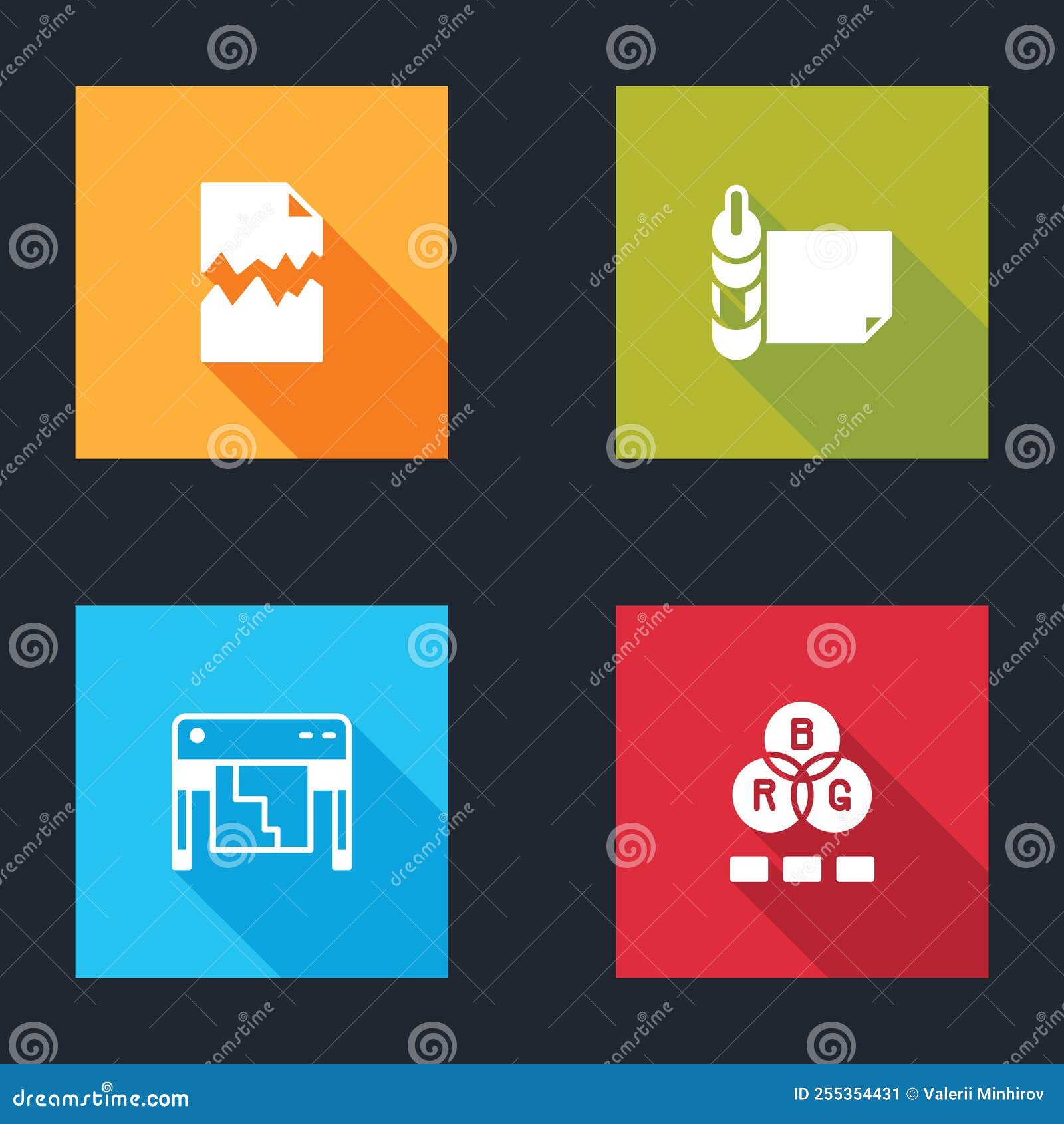 Set Torn Document, Roll of Paper, Plotter and RGB Color Mixing Icon ...