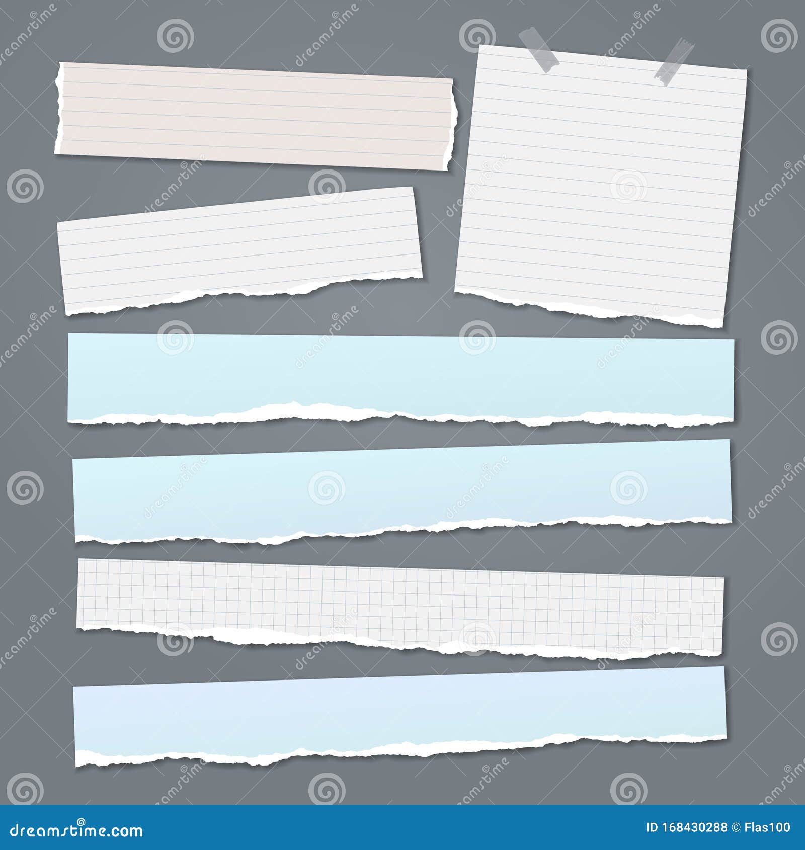 Set of Torn White and Blue Note, Notebook Paper Strips and Pieces with ...