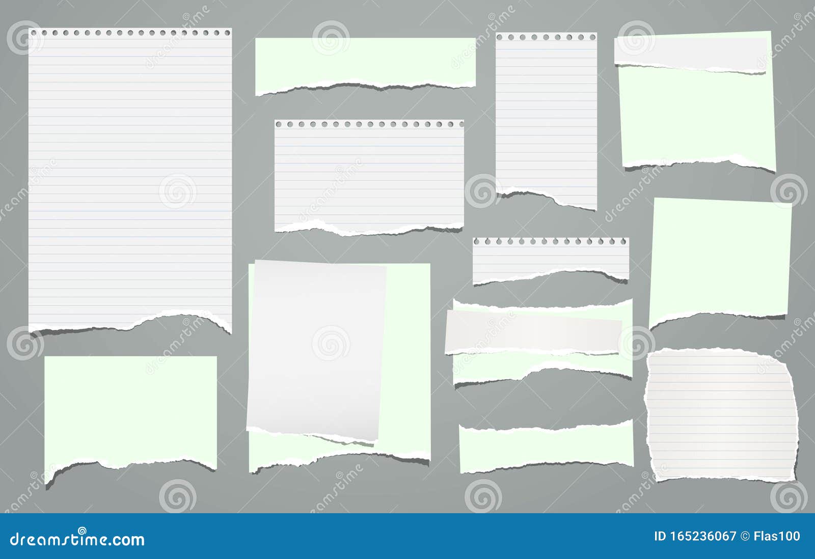 Set of Torn White, Lined and Green Note, Notebook Paper Pieces ...