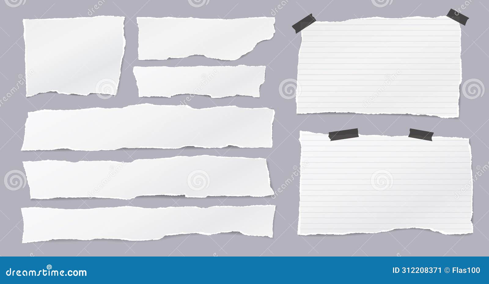 Set of Torn White, Lined Note Paper Pieces are on Light Grey Background ...