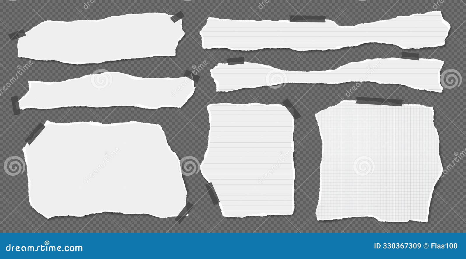Set of Torn White, Lined Paper Pieces, Strips are on Dark Grey ...