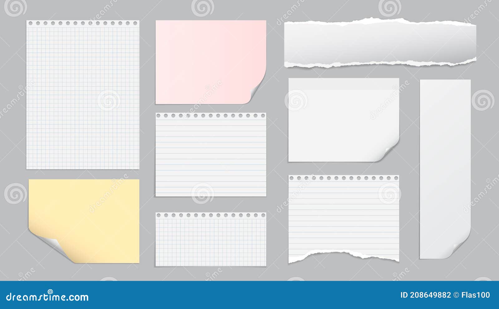 Set of Torn White, Yellow Note, Notebook Paper Pieces Stuck on Light ...