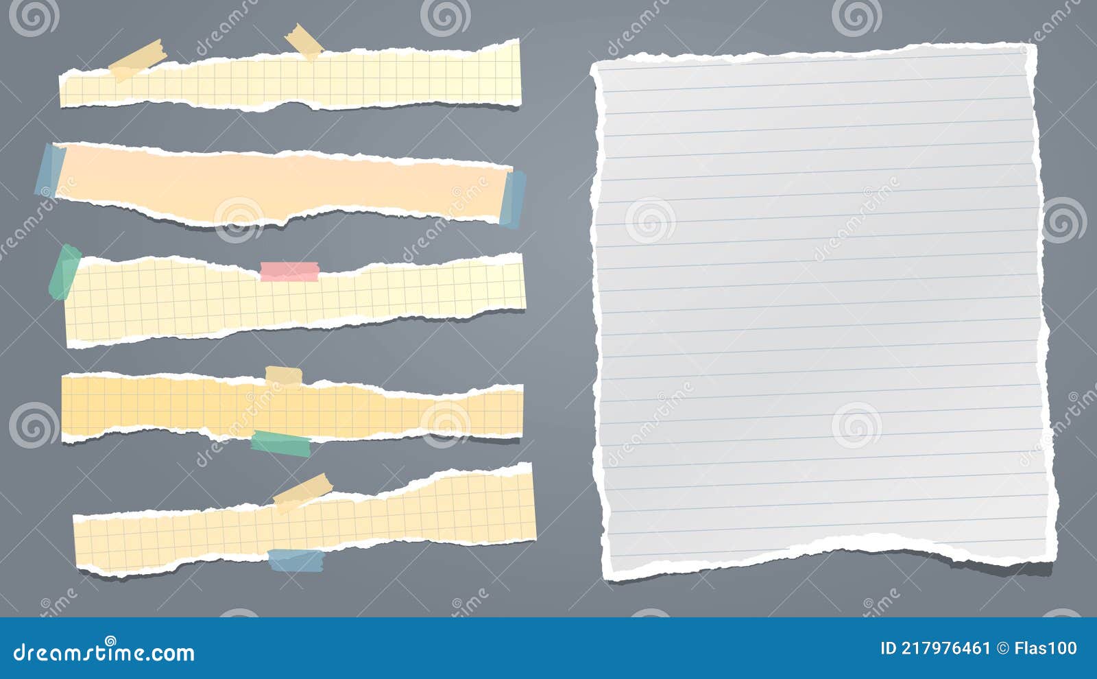 Set of Torn Yellow, Grey Note, Notebook Paper Pieces Stuck on Dark Grey ...