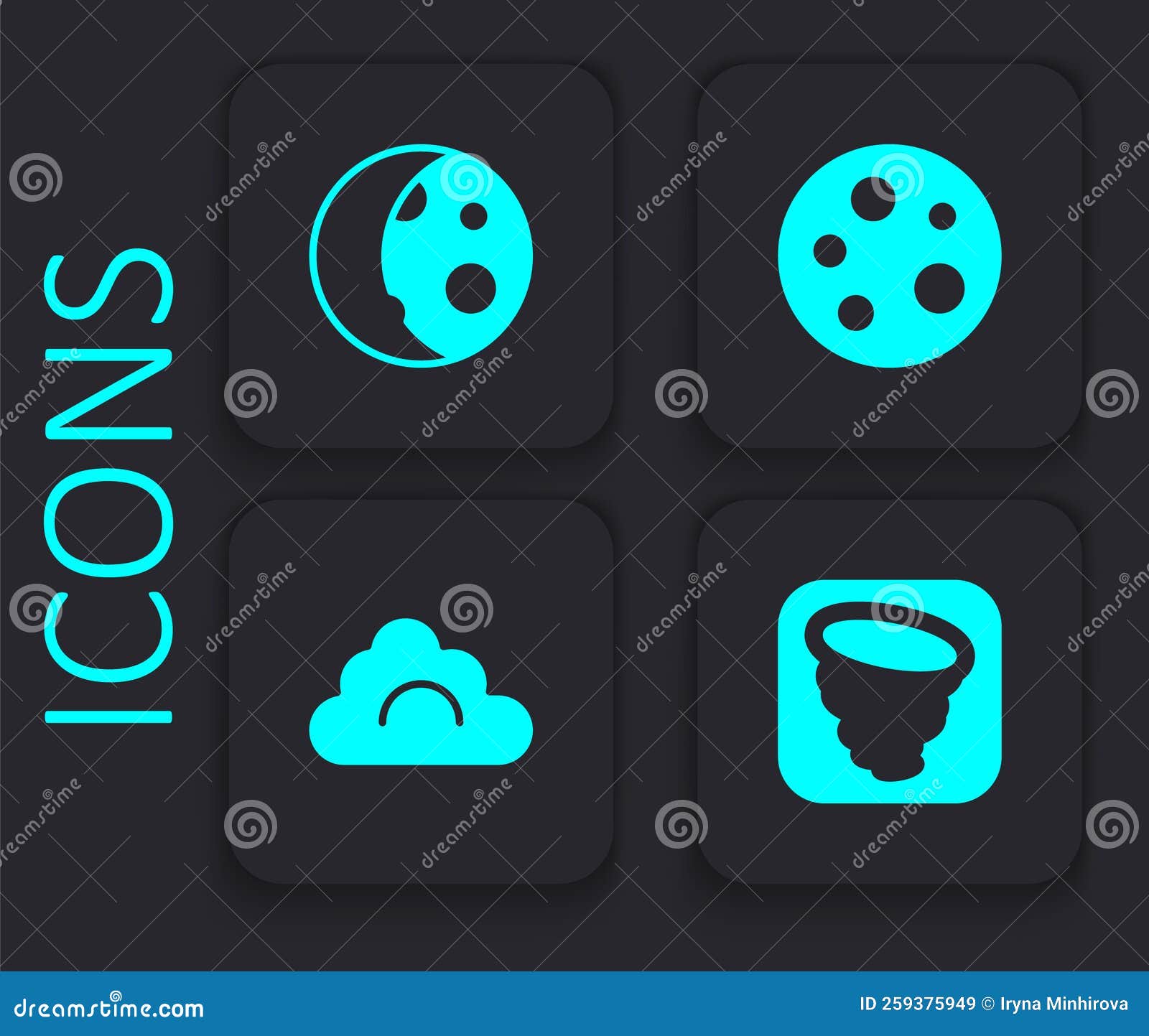 Set Tornado, Moon Phases, and Cloud Icon. Black Square Button. Vector ...