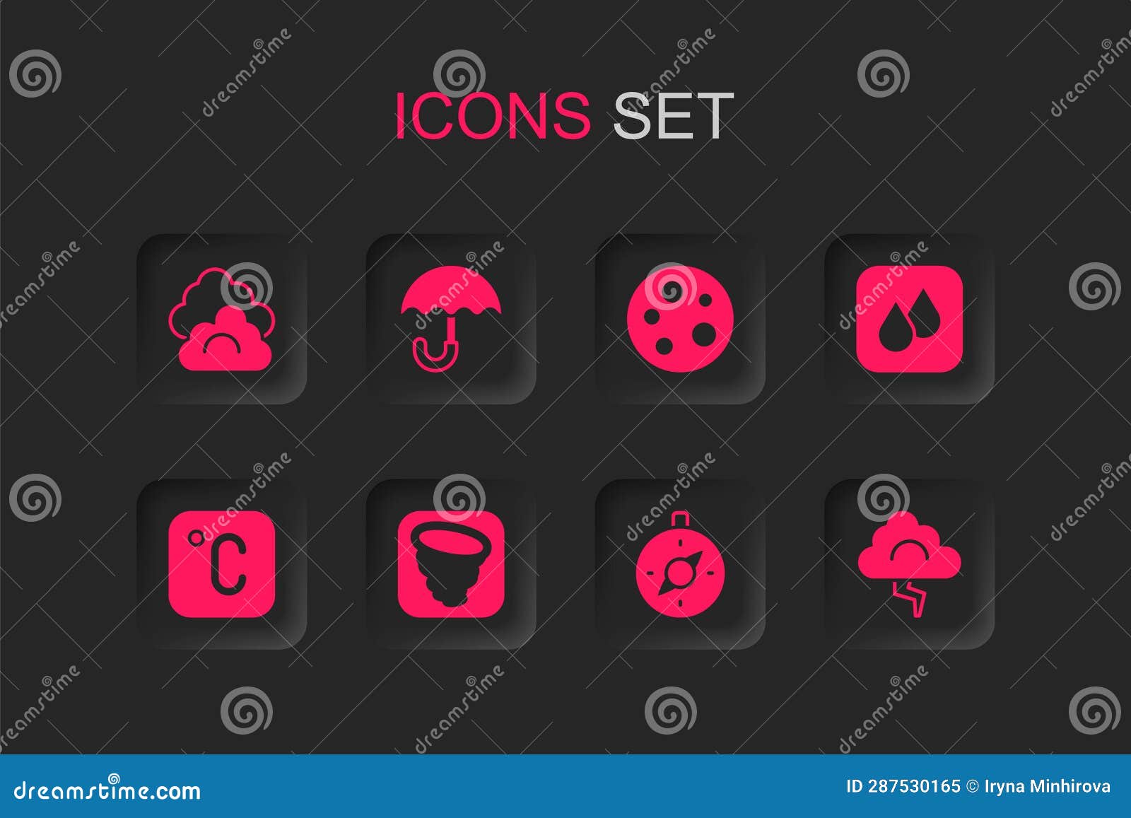 Set Compass, Water Drop, Lightning Bolt And Cloud With Rain Icon ...