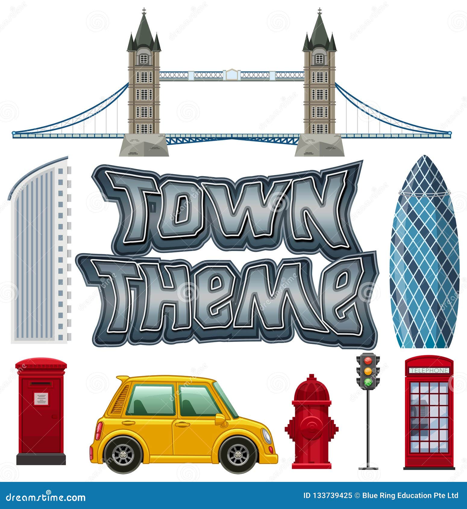 Set of town theme objects stock vector. Illustration of white - 133739425