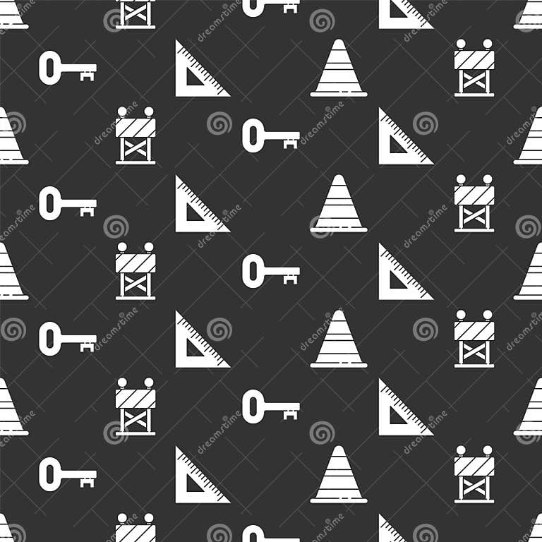 Set Traffic Cone, Road Barrier, Old Key and Triangular Ruler on ...