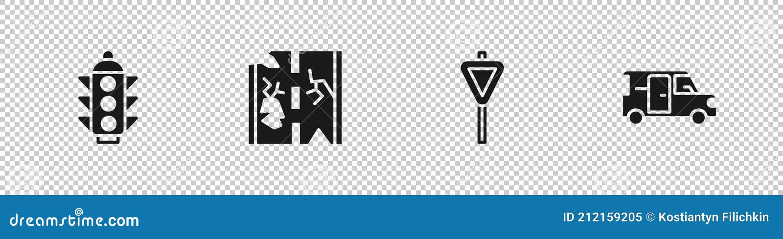 Set Traffic Light, Broken Road, Road Traffic Signpost and Minibus Icon ...