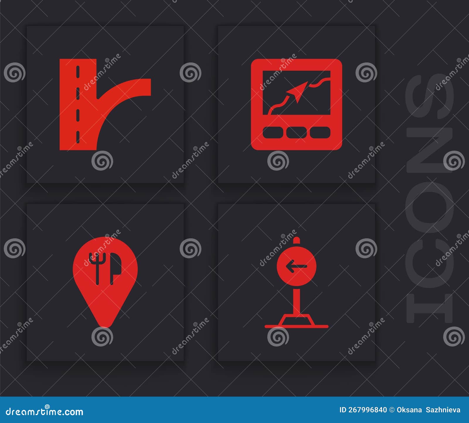 Set Traffic Sign Turn Left, Road Traffic, Gps Device with Map and Cafe ...