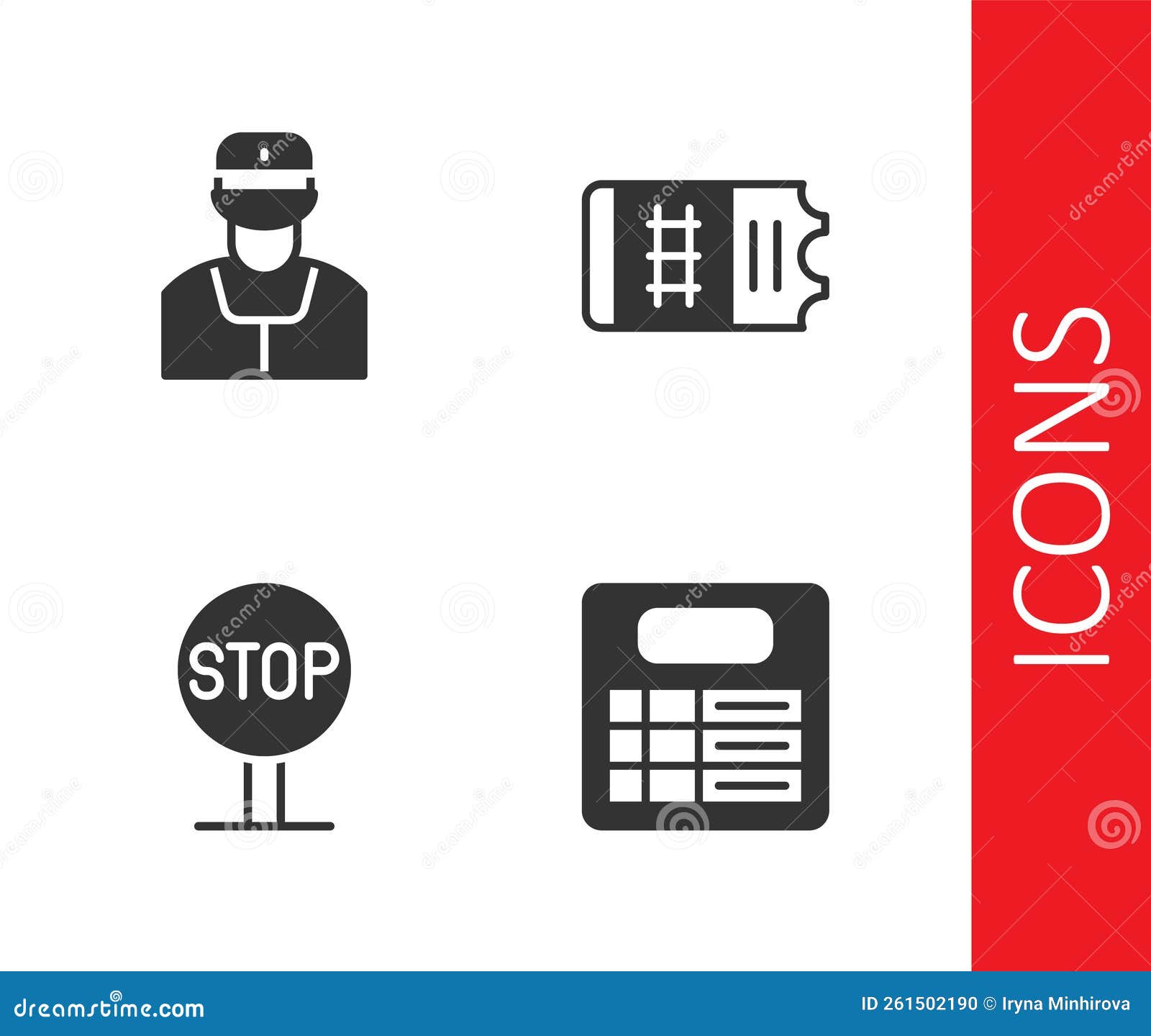 Set Train Station Board, Conductor, Stop Sign and Ticket Icon. Vector ...
