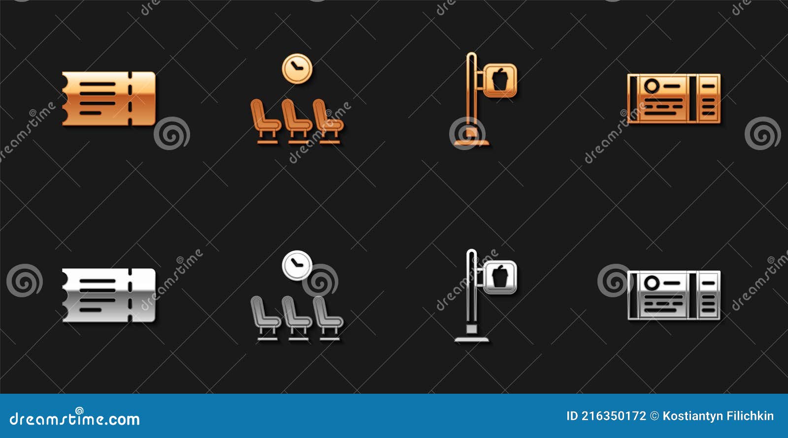 Set Train Ticket, Waiting Room, Cafe and Restaurant Location and Icon ...