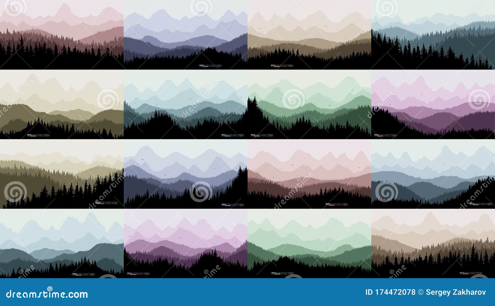 Set Of 16 Tranquil Backgrounds Of Different Colors. Pine Forests ...