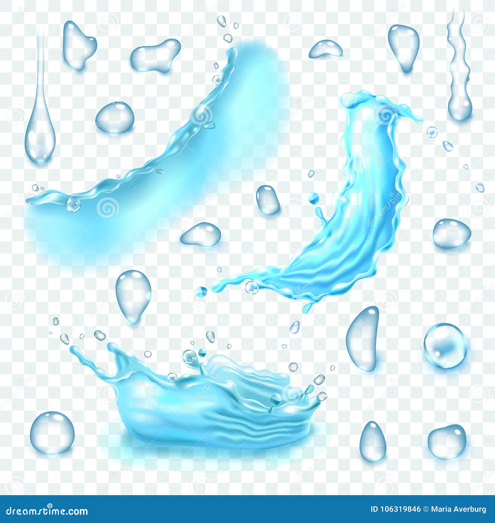 Set of Translucent Water Splashes and Drops in Light Blue Colors, on ...