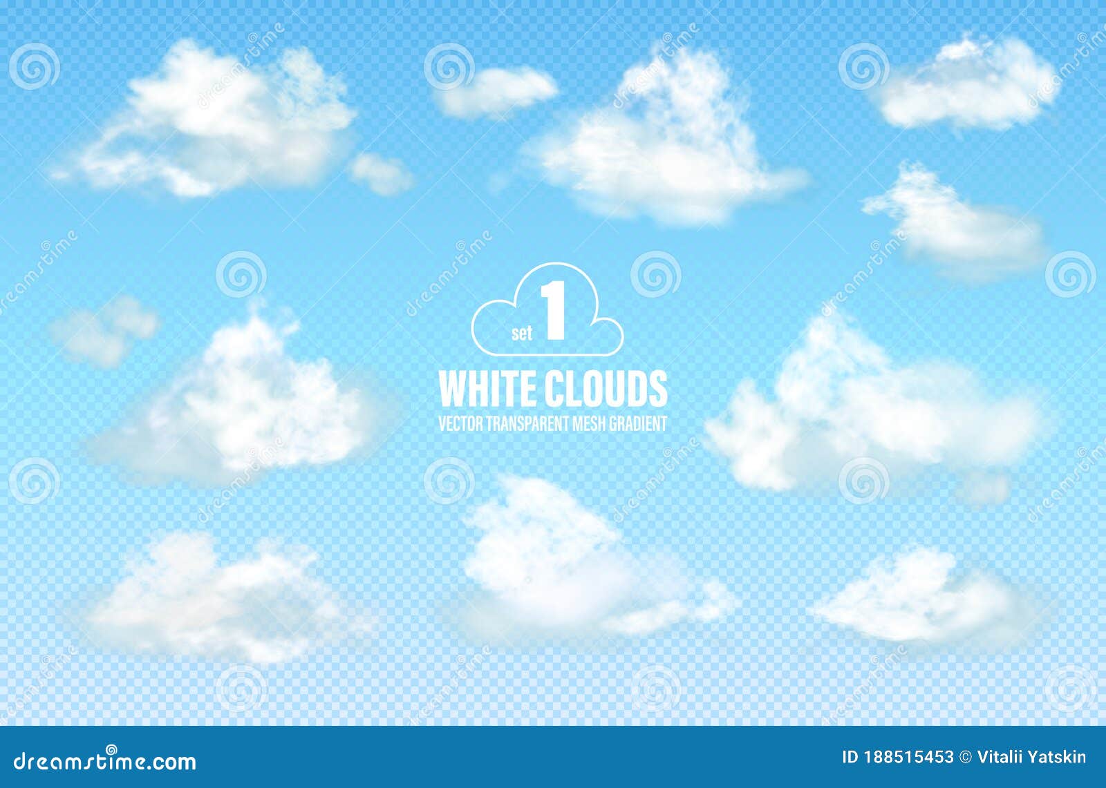 Set of Transparent Different Clouds Isolated on Blue Background. Real ...