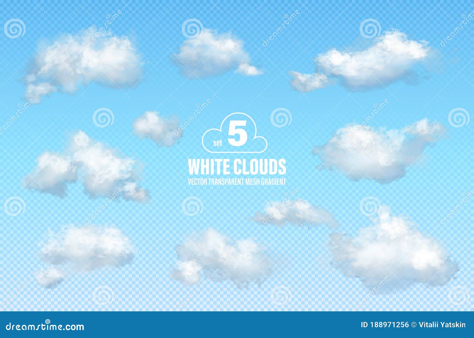 Set 5 of Transparent Different Clouds Isolated on Blue Background. Real ...