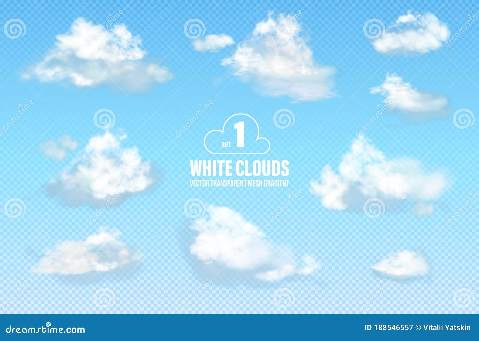 Set 1 of Transparent Different Clouds Isolated on Blue Background. Real ...