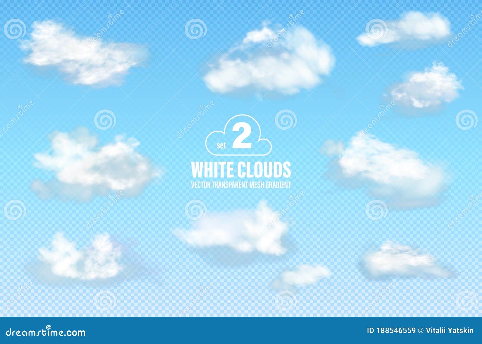 Set 2 of Transparent Different Clouds Isolated on Blue Background. Real ...