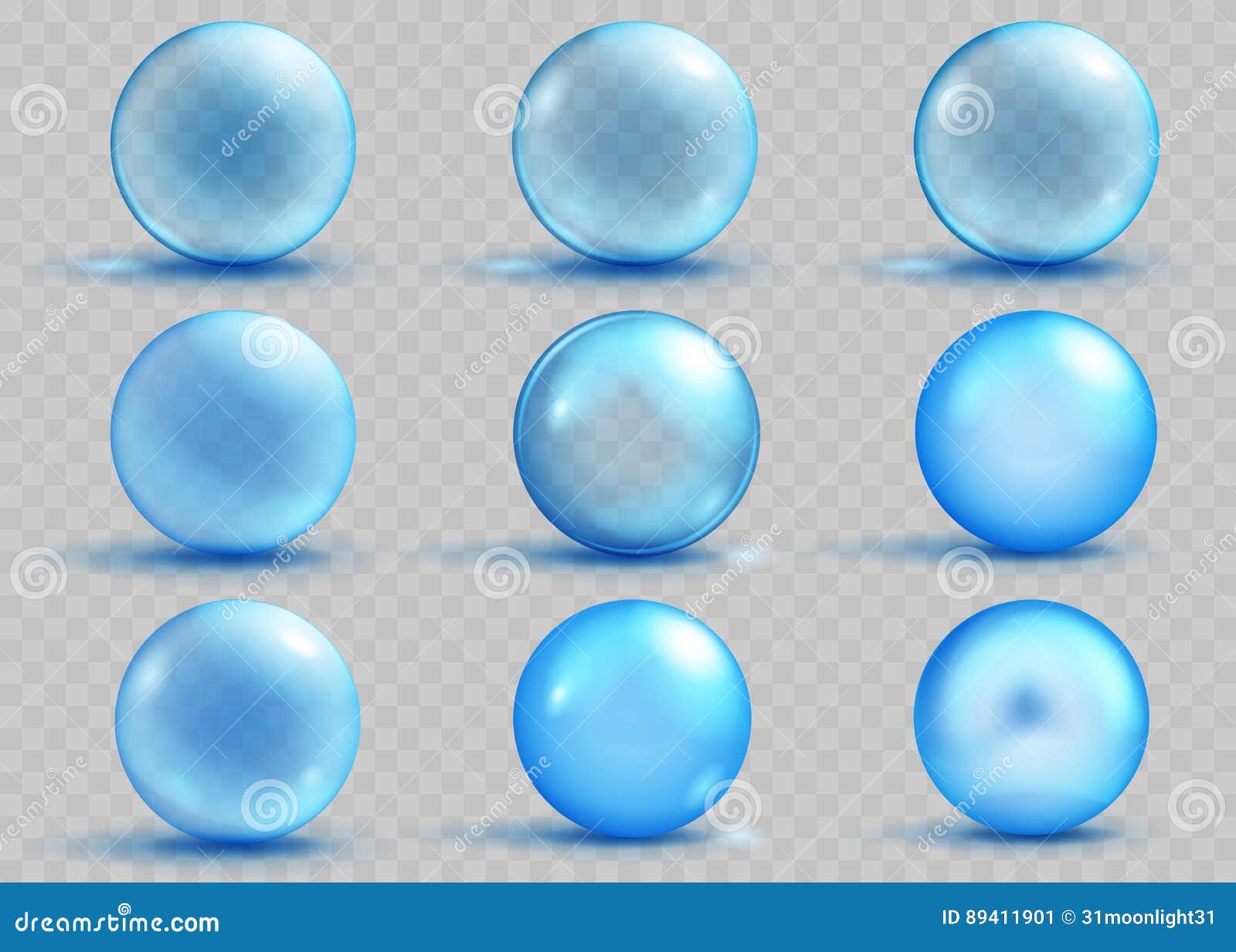 Set of Transparent and Opaque Light Blue Spheres with Shadows Stock ...