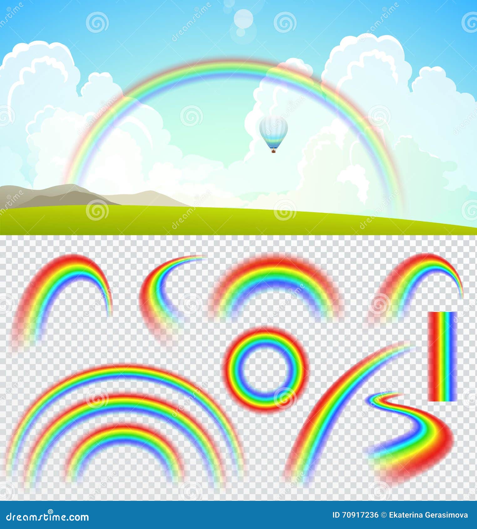 Set Of Transparent Realistic Rainbows. Summer Landscape With Clouds And ...
